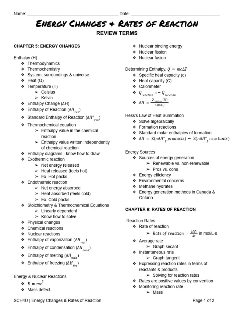 Energy Changes & Rate of Reaction REVIEW TERMS - Student Handout | PDF ...