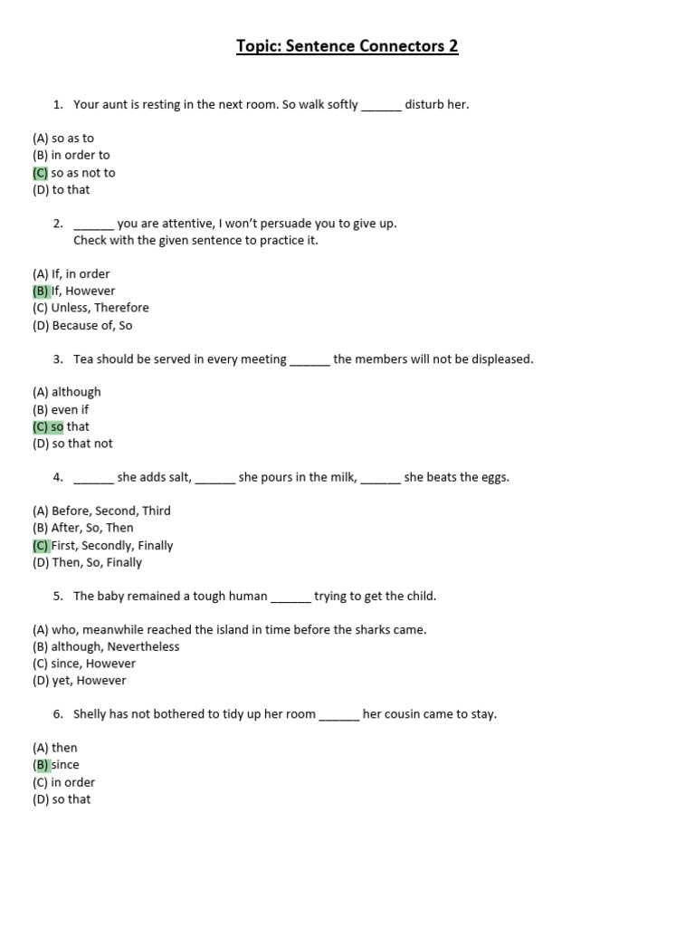 Sentence Connectors Worksheet 2 | PDF