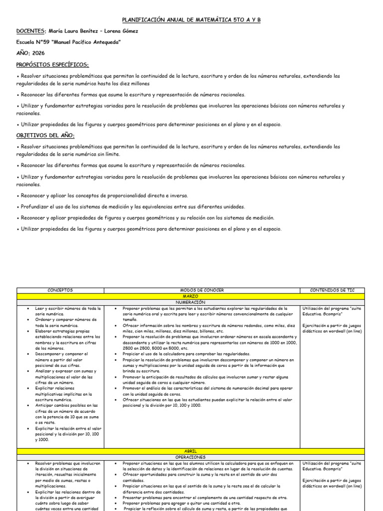 Planificación Anual de Matemática 5to A y B 2026 | PDF | División ...