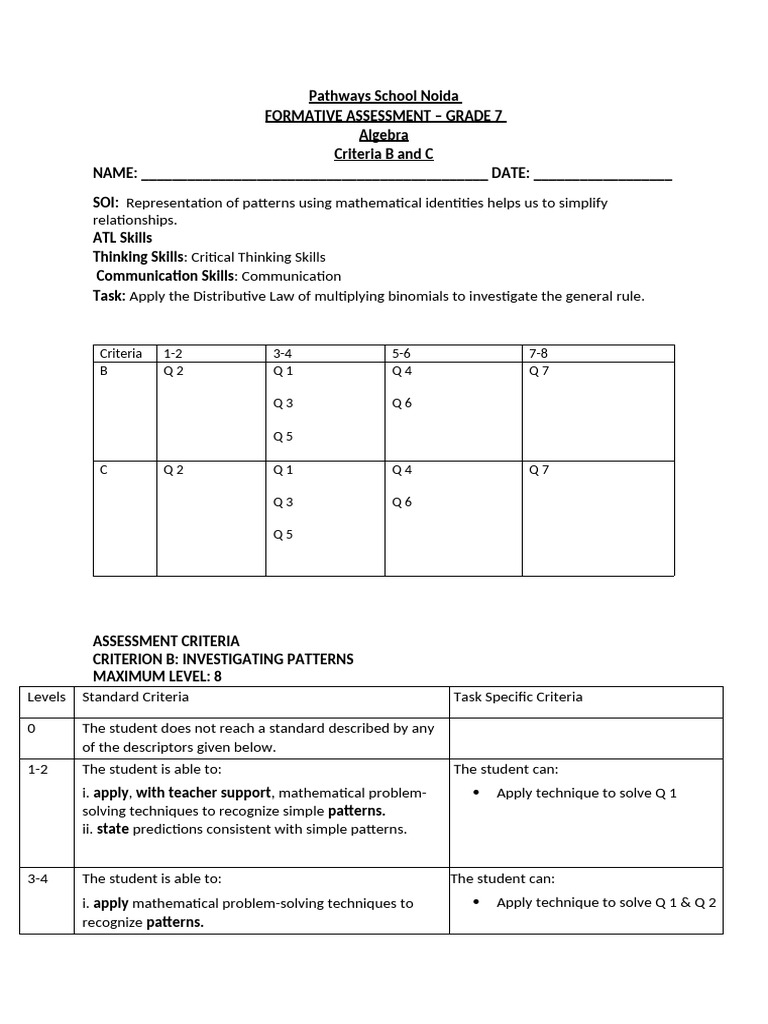 Toddle-Unit 2 GR 7 FA 1 Algebra CRT BC | PDF | Reason | Mathematics