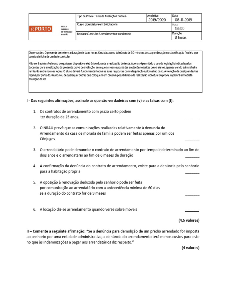 1 Teste de Arrendamento Pós Laboral | PDF | Leasing | Proprietário