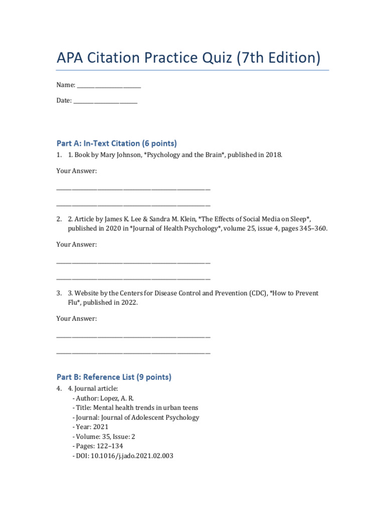 APA Citation Practice Quiz | PDF