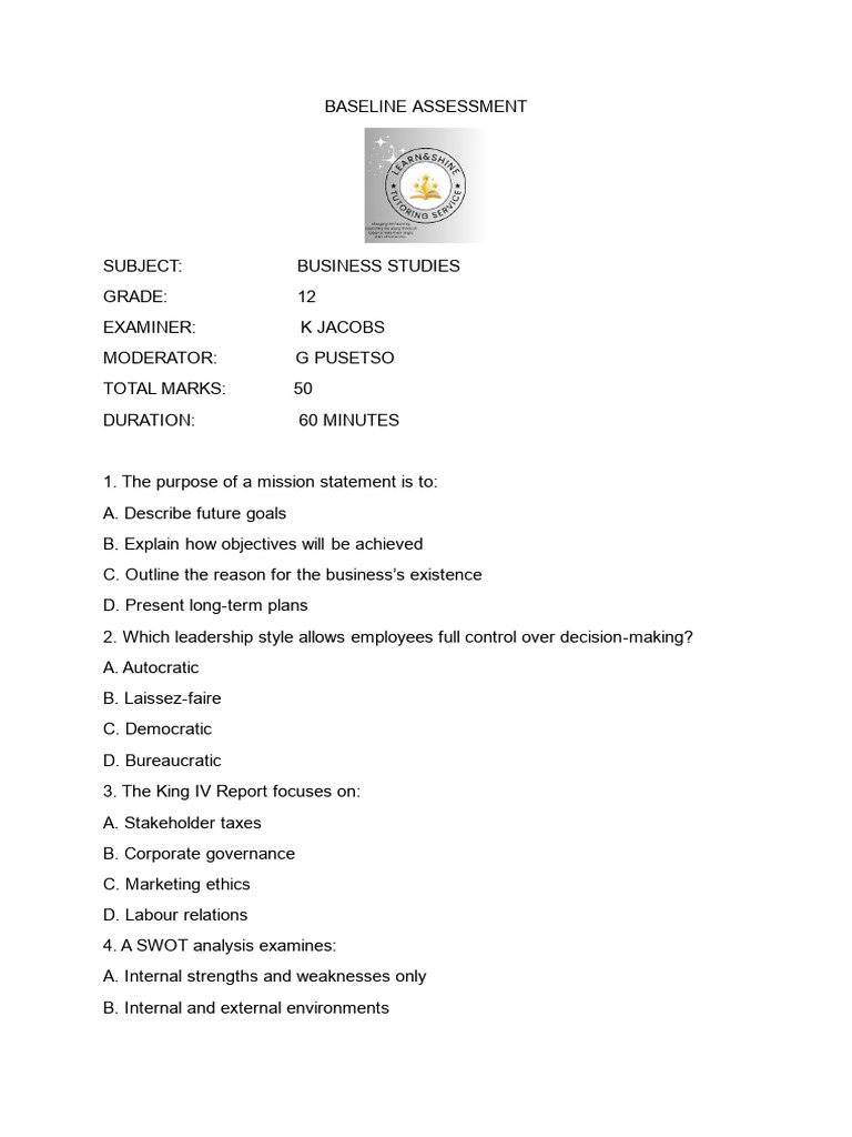 Baseline Assessmen1 BSTD | PDF | Pricing | Employment