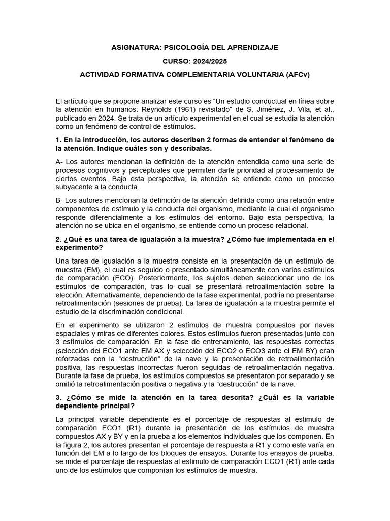 Psicología del Aprendizaje 2024-2025 - AFCv_Preguntas y respuestas ...