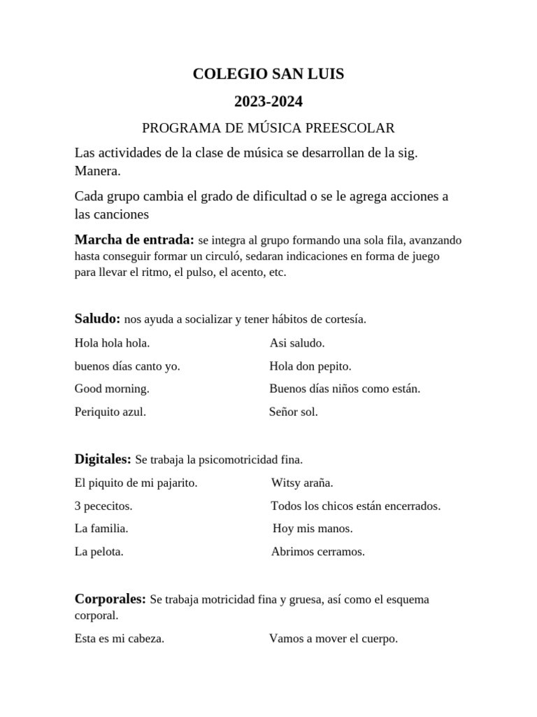 Programa Preescolar 2023 - 2024 | PDF