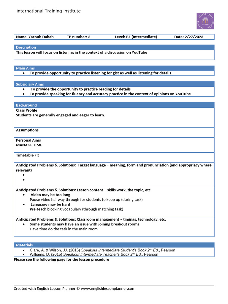 TP 3 Lesson Plan | PDF | Pedagogy | Behavior Modification