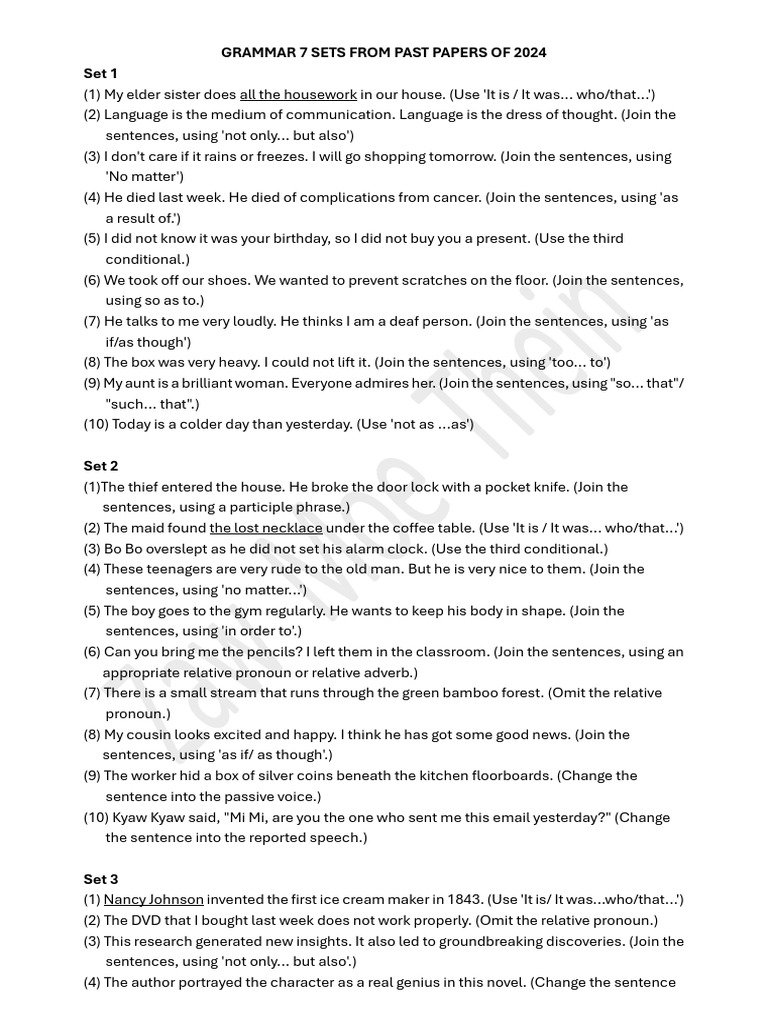 Grammar 7+13 Sets From Past Papers of 2024-2025 (ZMT) White | PDF ...