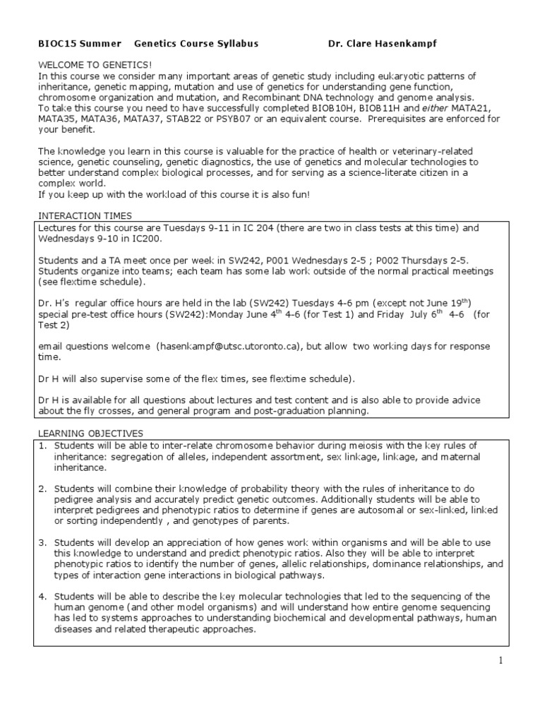 BIOC15 Summer Genetics Course Syllabus Dr. Clare Hasenkampf | PDF ...