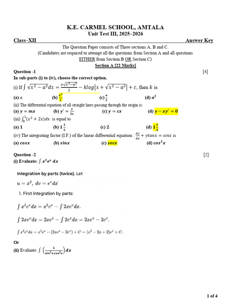 Class XII - Unit Test III - Ans Key 1 - 2025-26 | PDF | Equations ...