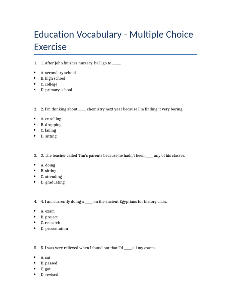 Education Vocabulary Multiple Choice | PDF