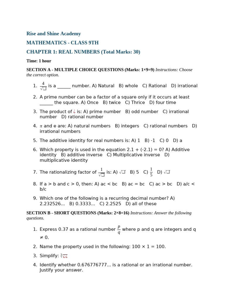 9th Math Chap 1 Test 1 ALP 2025 | PDF | Numbers | Square Root