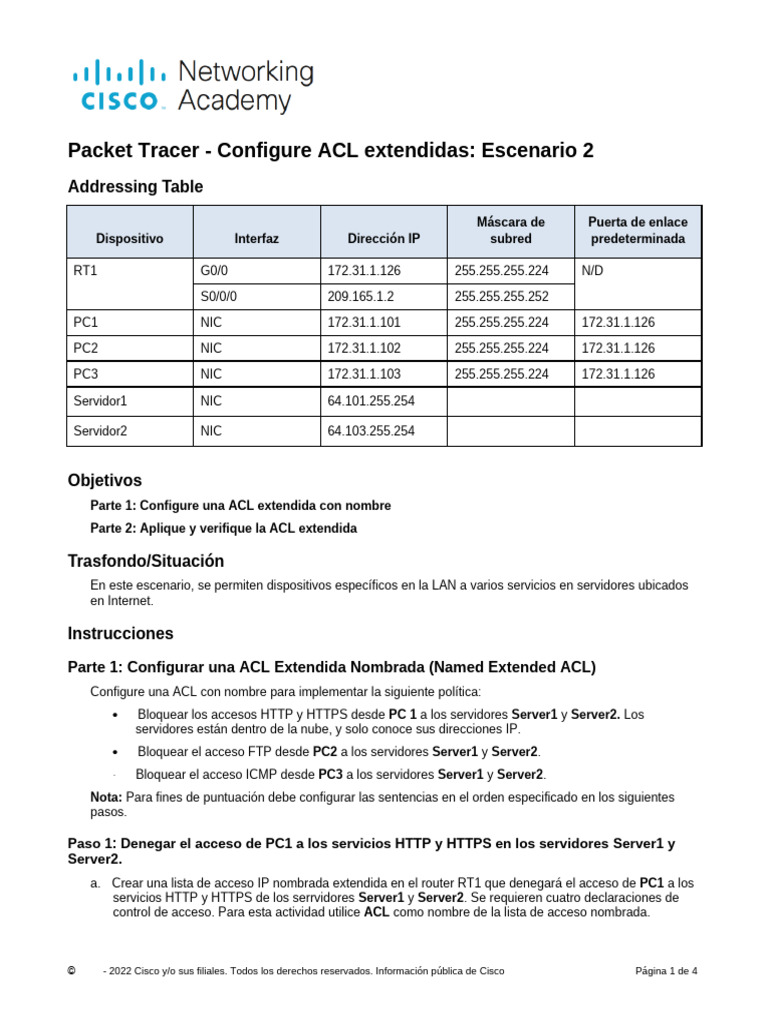 Spanish 4-5-13 Packet Tracer Configure Extended ACLs Scenario 2 | PDF ...