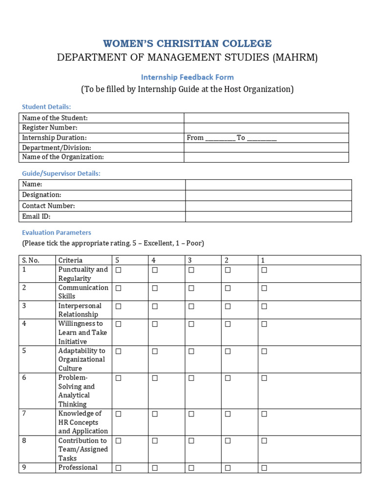 MAHRM Internship Feedback Form | PDF