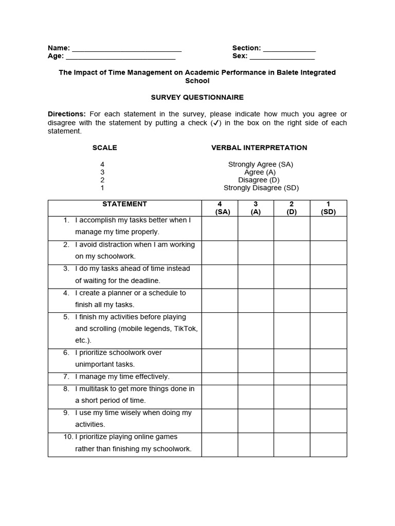 Time Management Questionnaire | PDF
