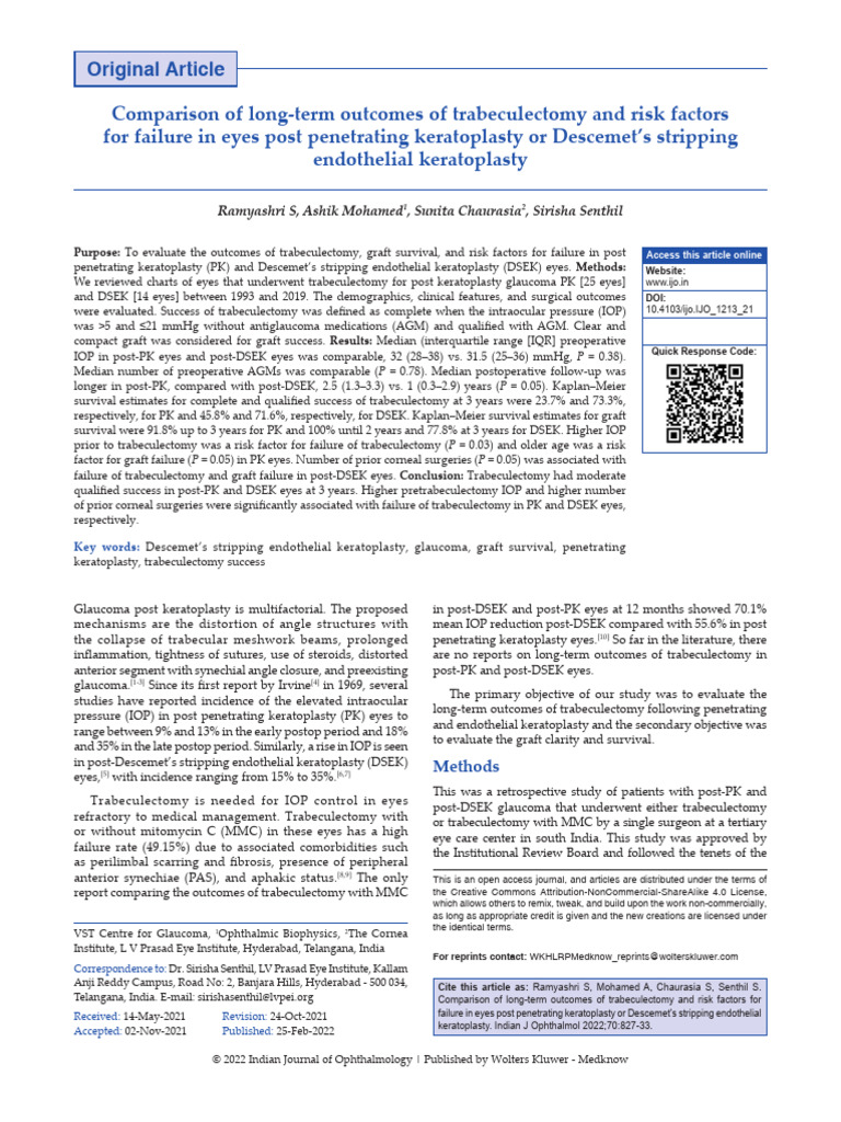 Comparison of Long Term Outcomes of Trabeculectomy.26 | PDF | Glaucoma ...