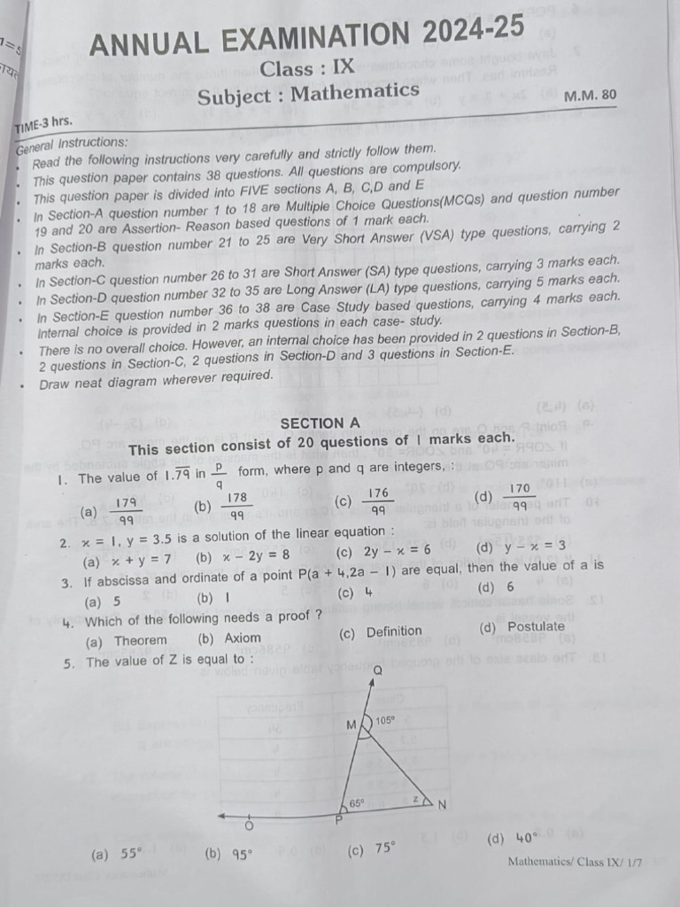 Class IX Mathematics Annual Examination 2024-25 | PDF