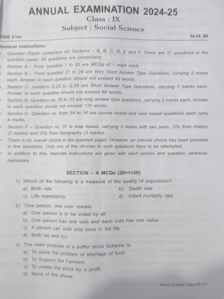 Class IX Social Science Annual Examination 2024-25 | PDF