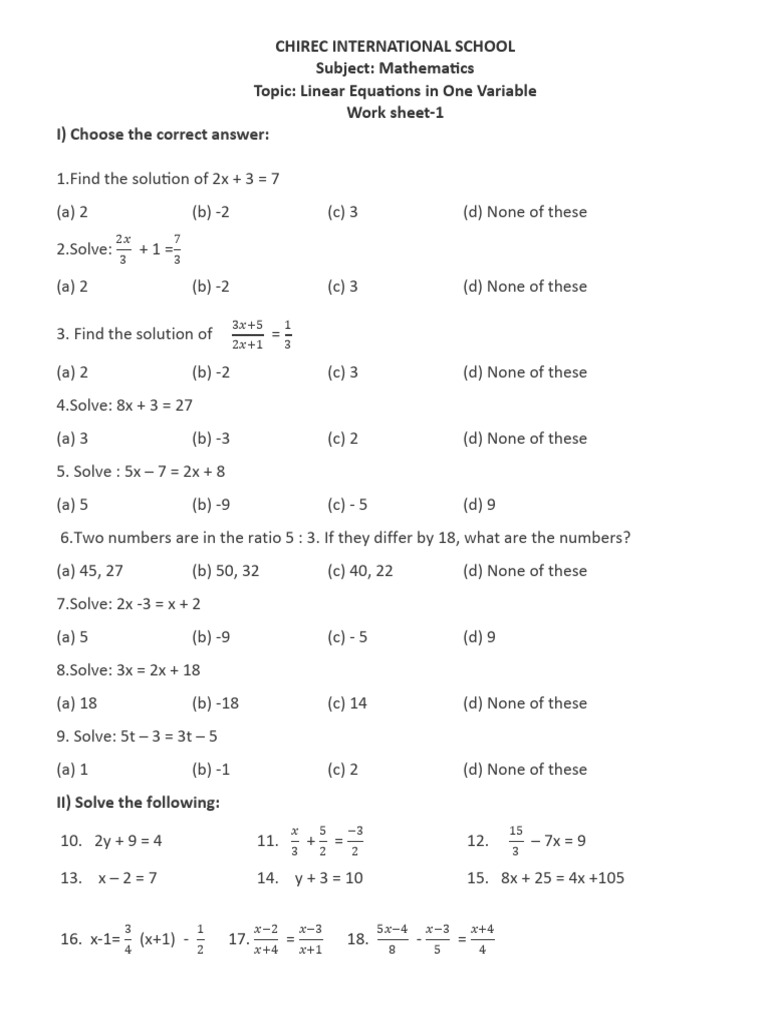 Gr-8-Linear Eqns in One Variable Work Sheet-1-(24-25) | PDF | Numbers ...
