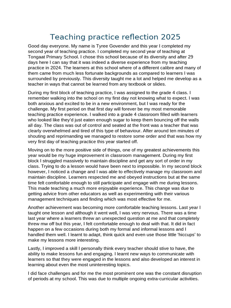 Teaching Practice Reflection 2025 | PDF | Teachers | Learning