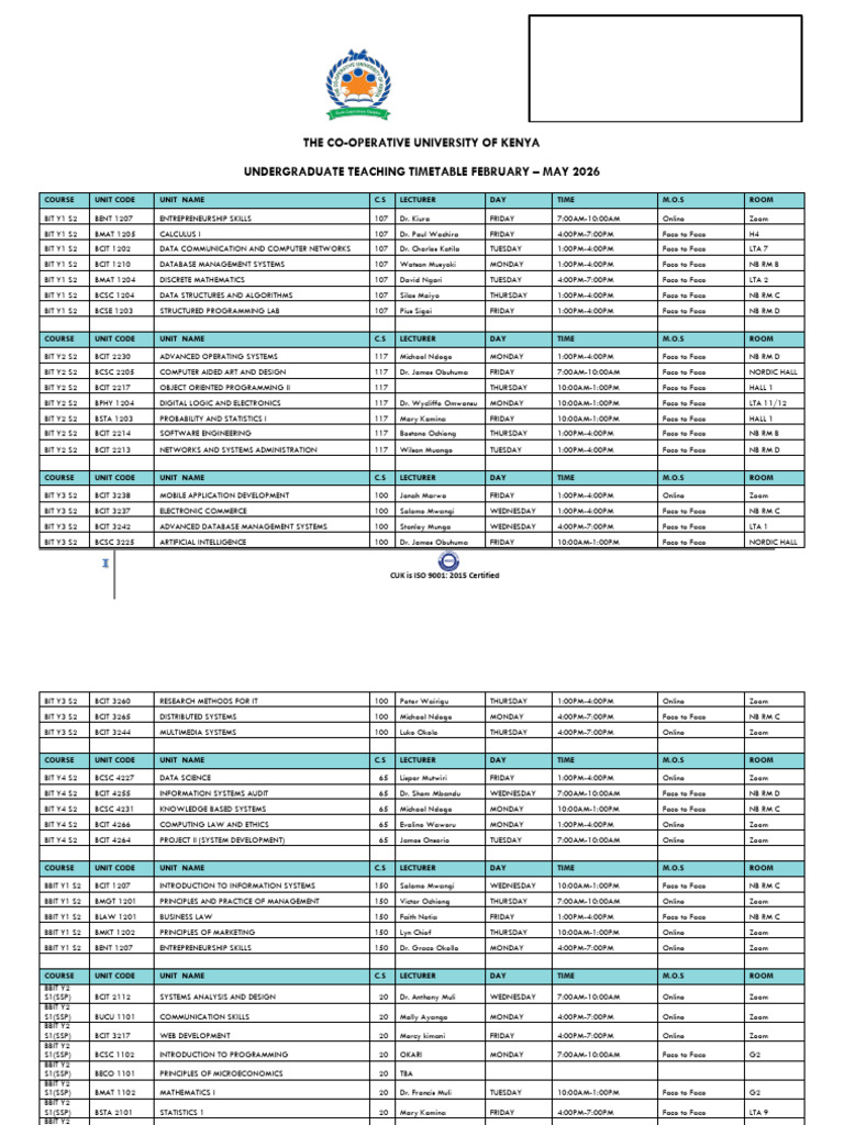 Draft Undergraduate Teaching Timetable February-May 2026 | PDF ...