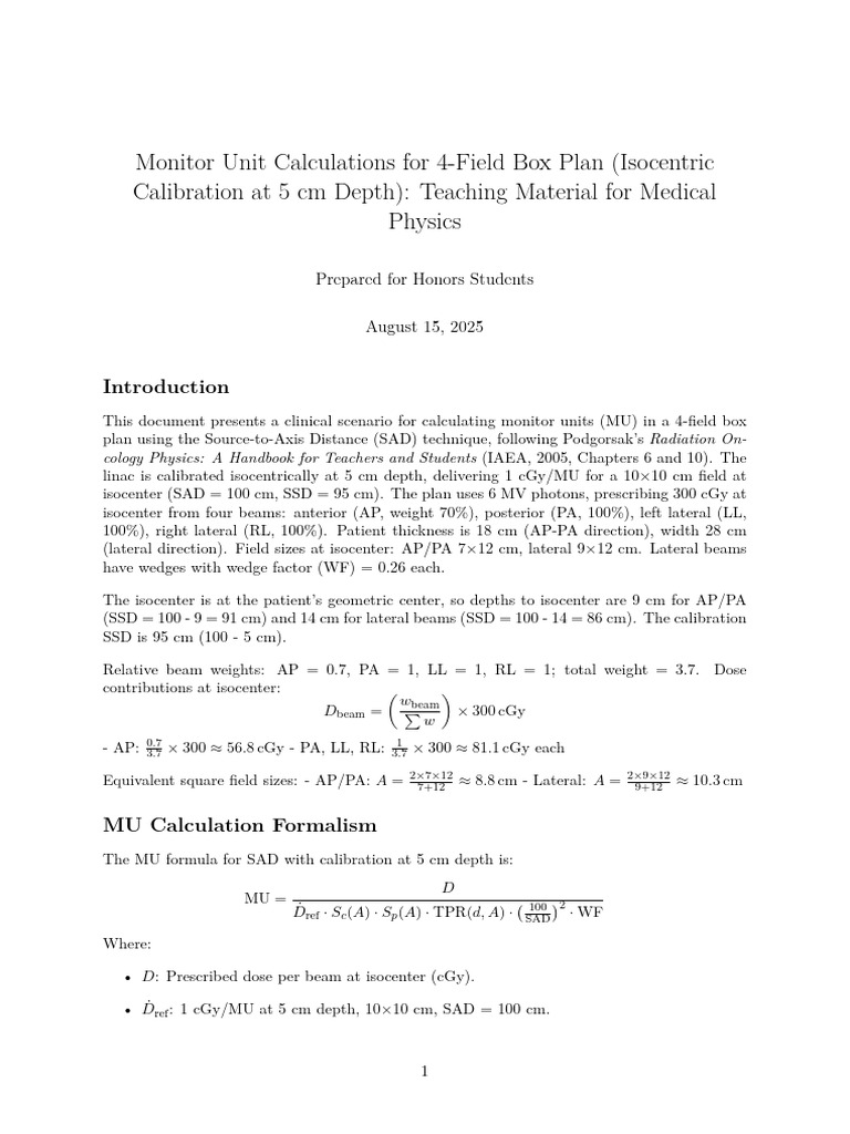 Monitor Unit Calculations for 4-Field Box Plan (Isocentric calibration ...