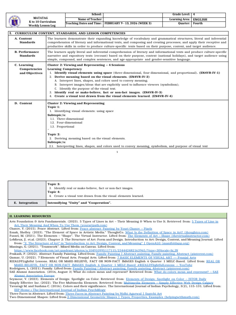 Grade 4 DLL Matatag - English - q4 - Week 3 | PDF | Shape | Composition ...
