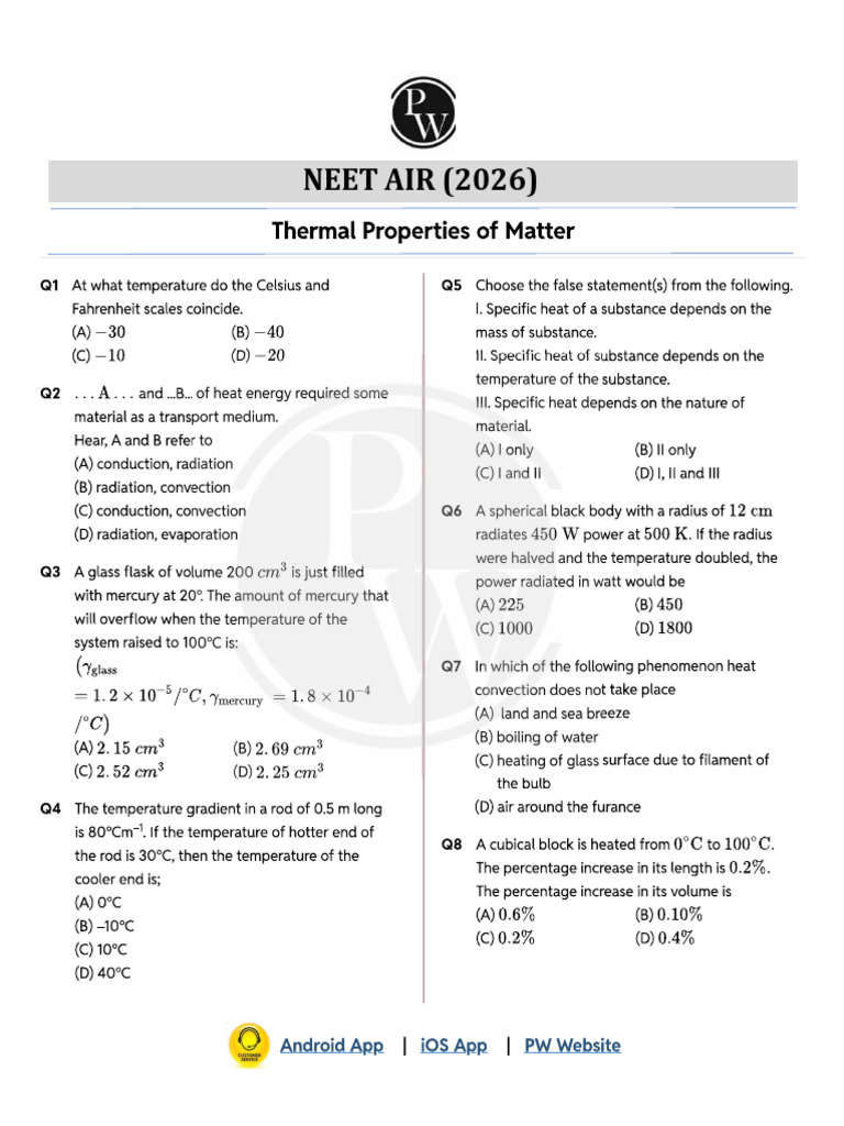 Thermal Properties of Matter Practice Sheet | PDF