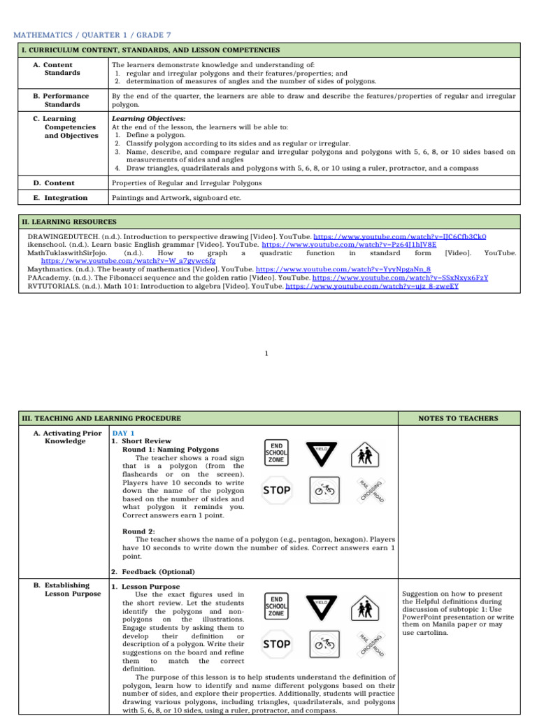 Lesson Exemplar Math w1 q1 | PDF | Polygon | Circle