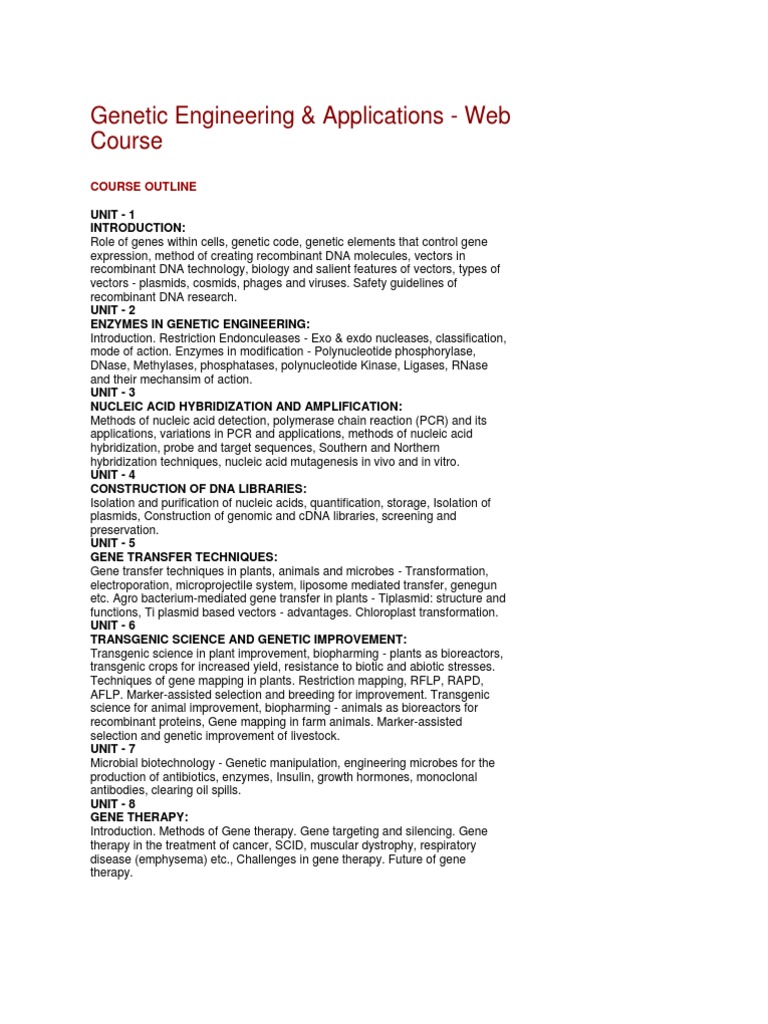 Genetic Engineering Course Syllabus | PDF | Genetic Engineering | Plasmid