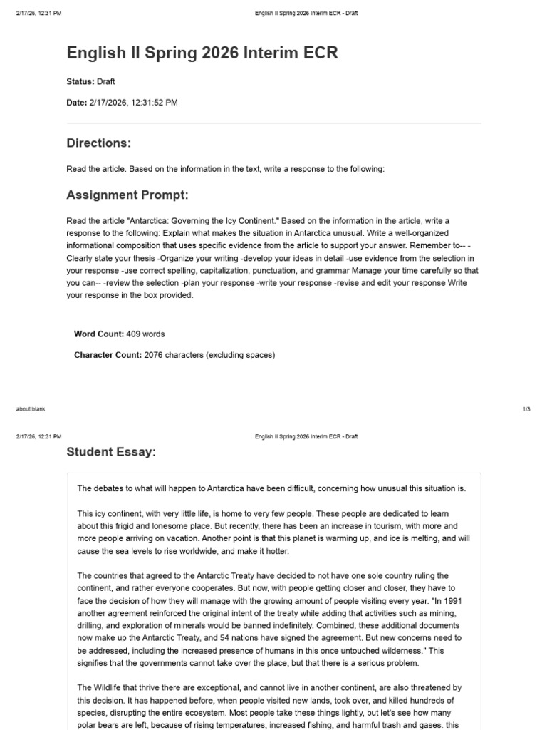 English II Spring 2026 Interim ECR - Draft | PDF | Antarctica ...
