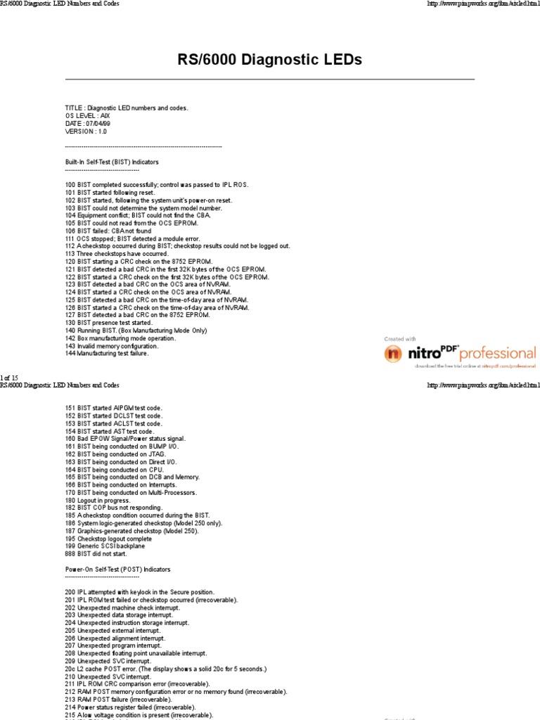 RS/6000 Diagnostic LED Codes | PDF | Flash Memory | Booting