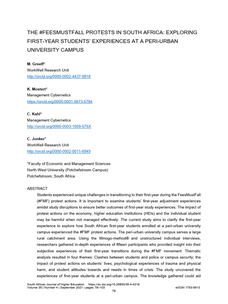 Greef Et Al, 2020 Fees Must Fall Protest in SA - Expreiences of First ...