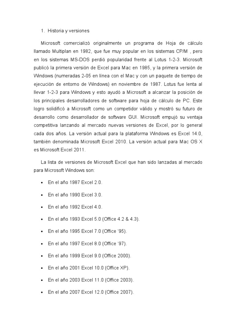 Historia y versiones de Microsoft Excel | PDF | Microsoft Excel | Hoja ...
