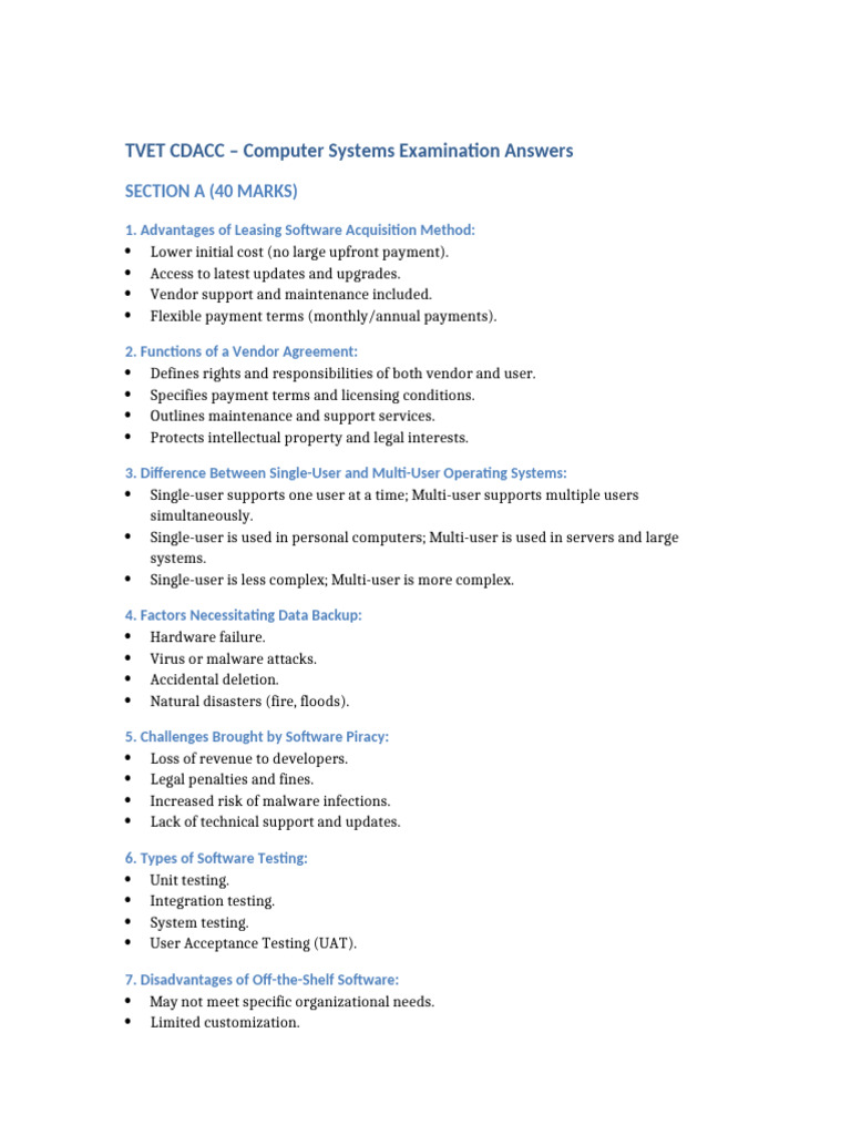 TVET CDACC Computer Systems Answers | PDF | Software | Backup