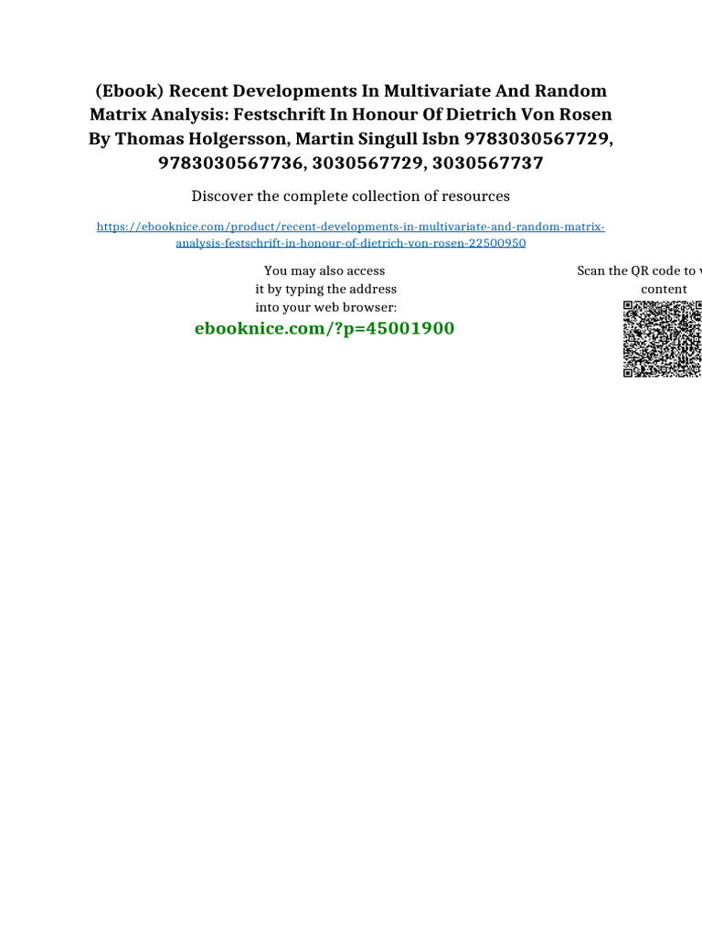 (Ebook) Recent Developments in Multivariate and Random Matrix Analysis ...