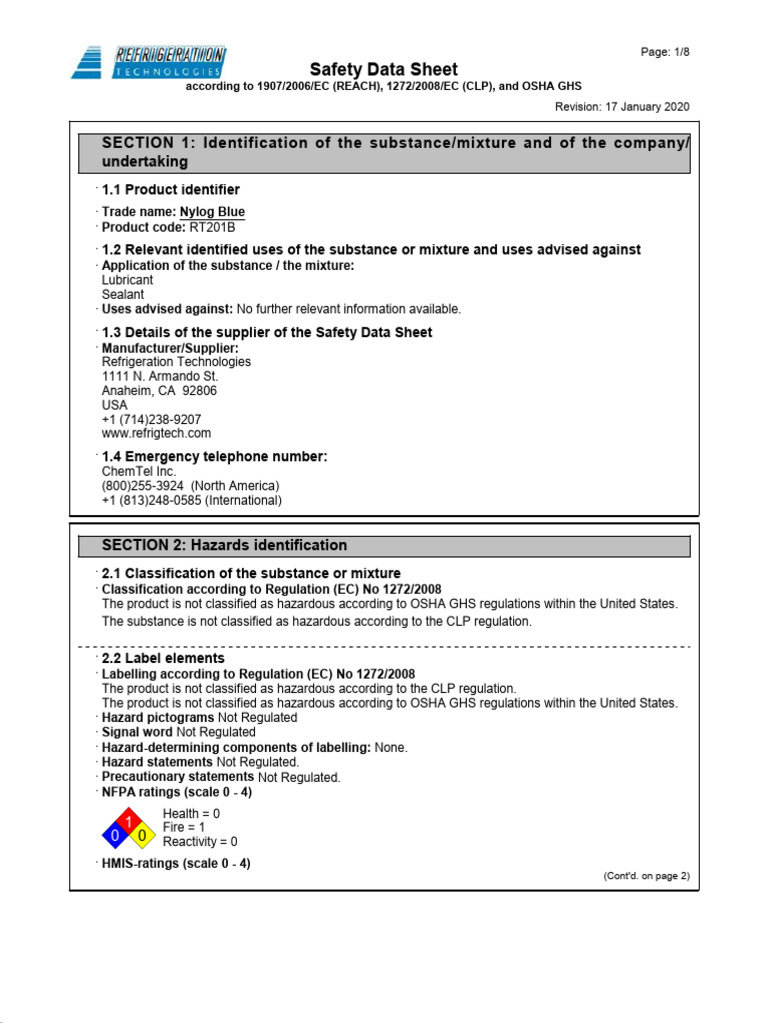 Nylog Blue SDS (1) | PDF | Dangerous Goods | Occupational Safety And Health