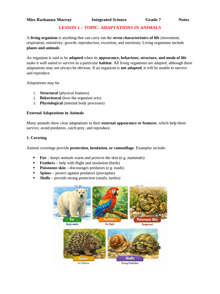 Grade 7 - Adaptation in Organisms in Plants and Animals | PDF