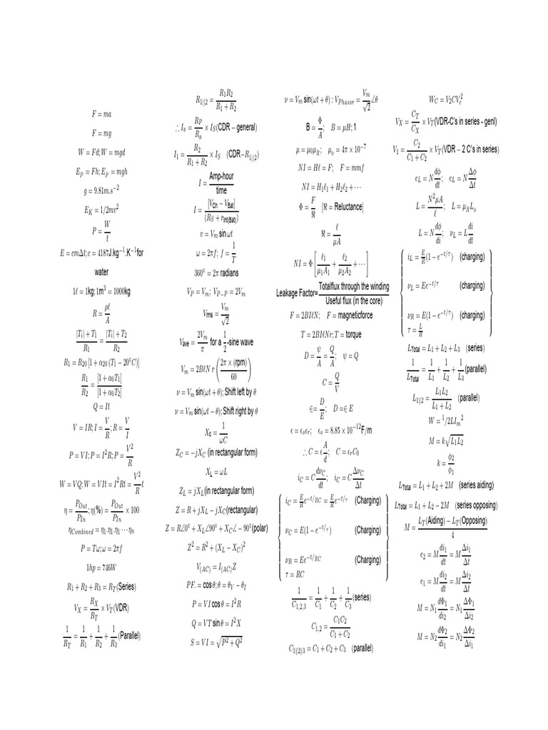 Elect Eng 1 Formula Sheet by MR Mditshwa | PDF