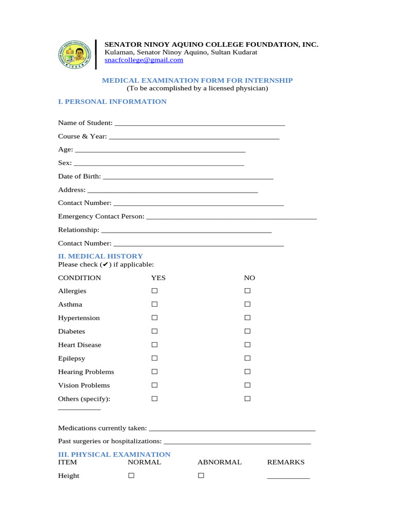 Medical Examination Form For Internship | PDF | Physical Examination ...