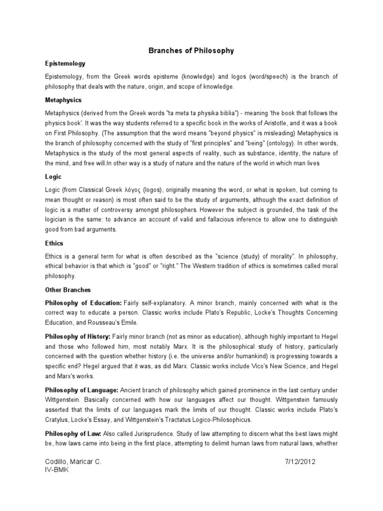 Branches of Philosophy | PDF | Metaphysics | Logic