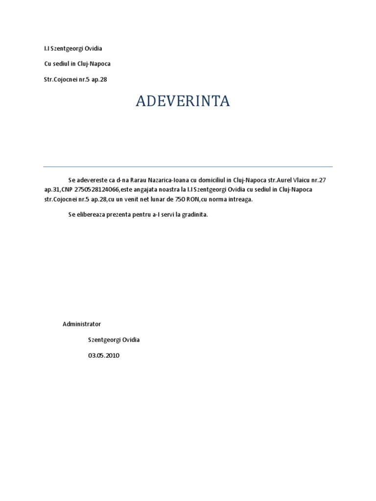 Adeverinta Servici PT - Gradinita | PDF
