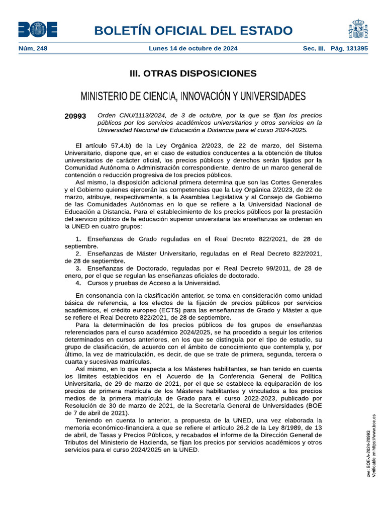 Precios Públicos UNED 2024 | PDF