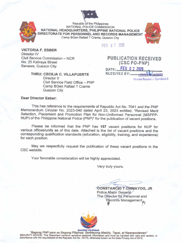 PNP NUP 157 Vacant Positions - February 2, 2026 | PDF