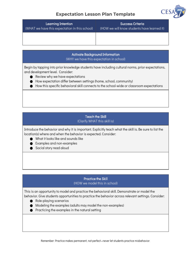 CESA 7 Lesson Plan For Teaching or Reteaching Expectations | PDF ...