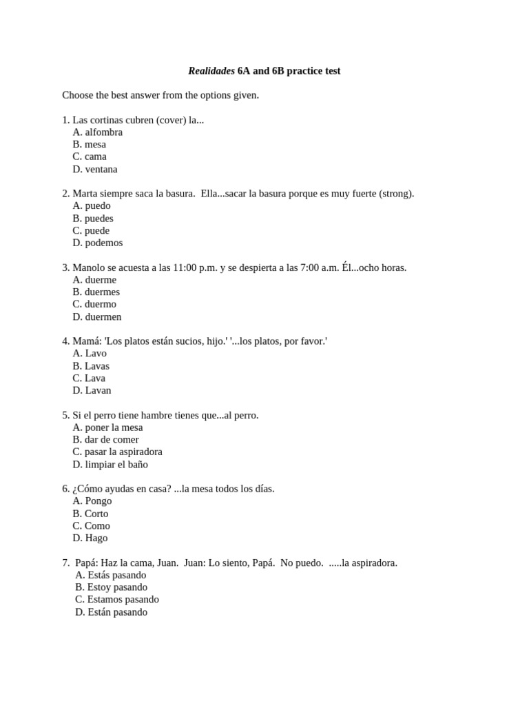 Realidades 1 6A and 6B Practice Test | PDF | Inicio