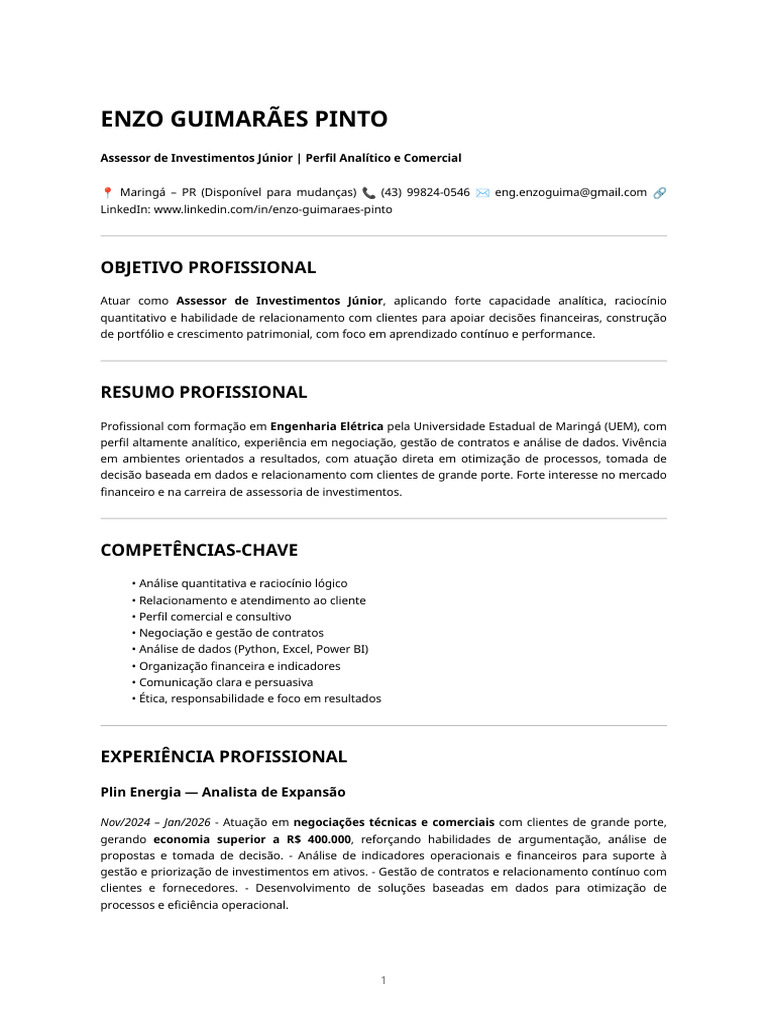 CV - Enzo Guimarães - Assessor de Investimentos Júnior | PDF | Análise ...