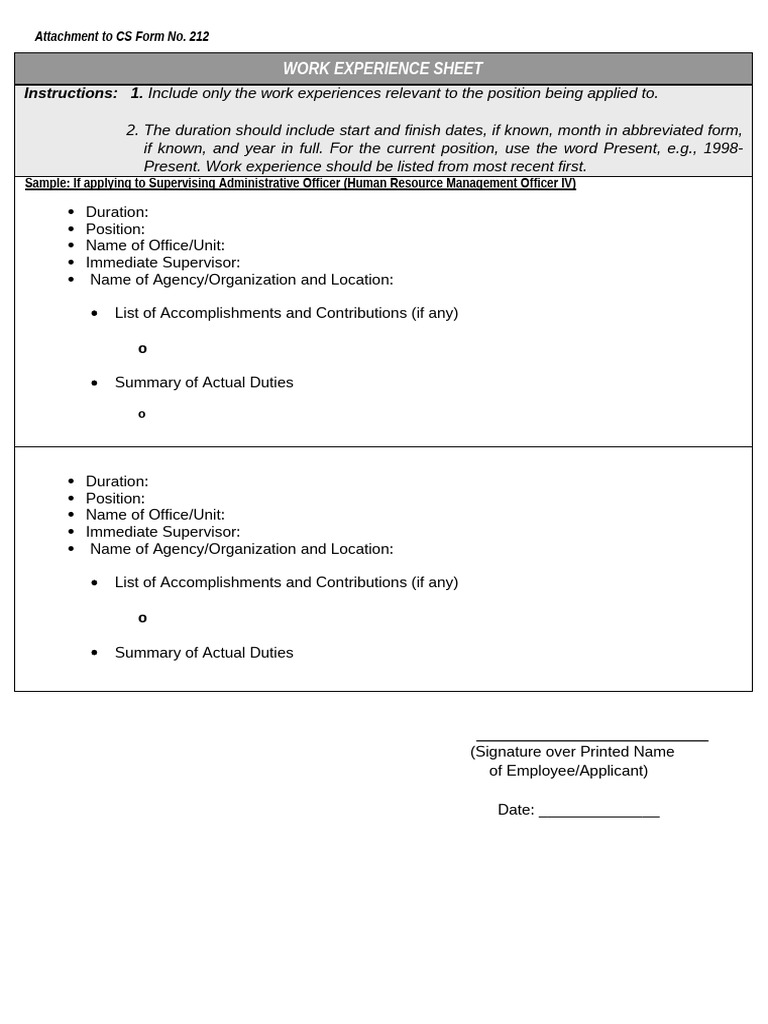 Work Experience Sheet Revised 2025 | PDF