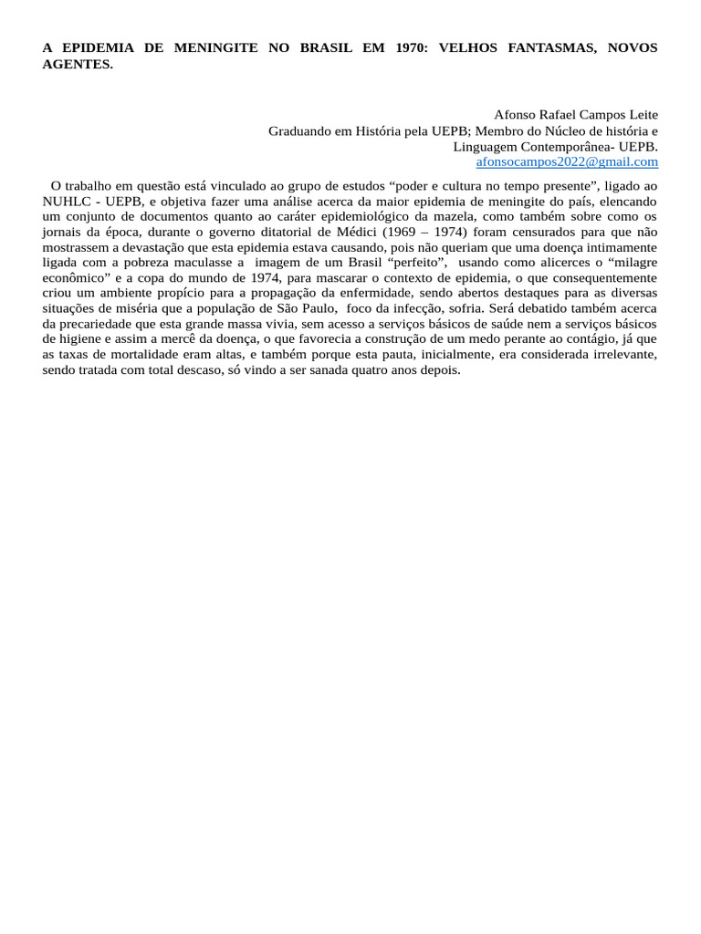 A Epidemia de Meningite No Brasil Em 1970 | PDF
