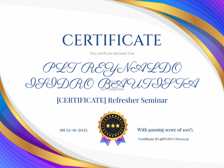 Certificate for Plt Reynaldo Isidro Bautista for _[Certificate ...
