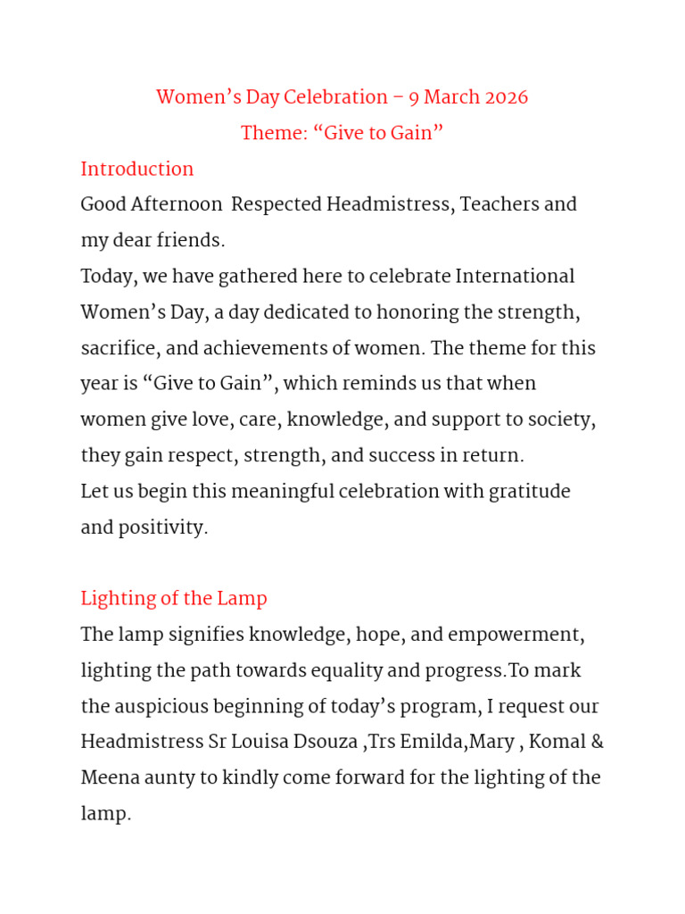 Women's Day Celebration Script - 9 March 2026 | PDF | Love